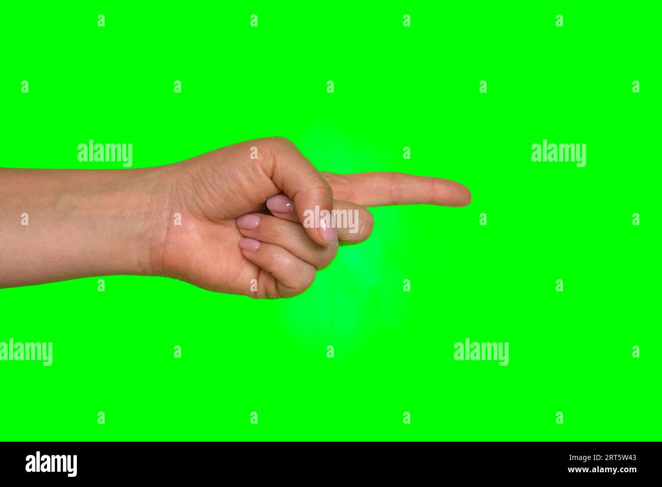 Female Hands pointing at something with index finger Isolated On Green ...