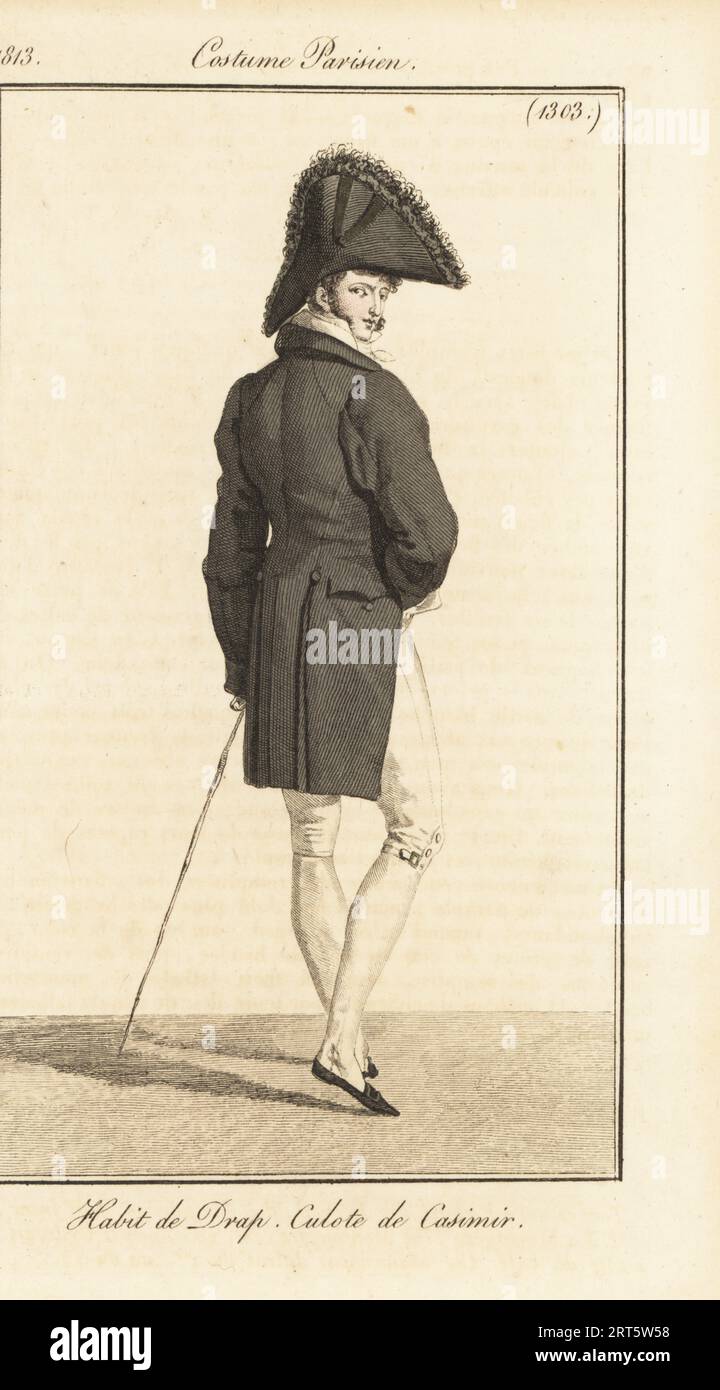 French dandy in bicorne, wool coat with tails, cashmere breeches ...