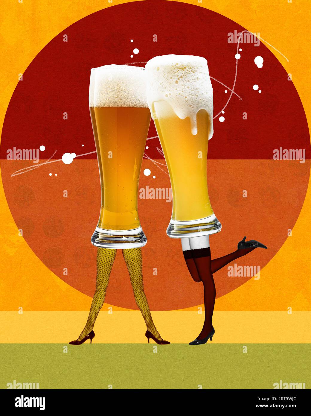 Female legs with glasses of foamy beer over bright background. Paty and ...