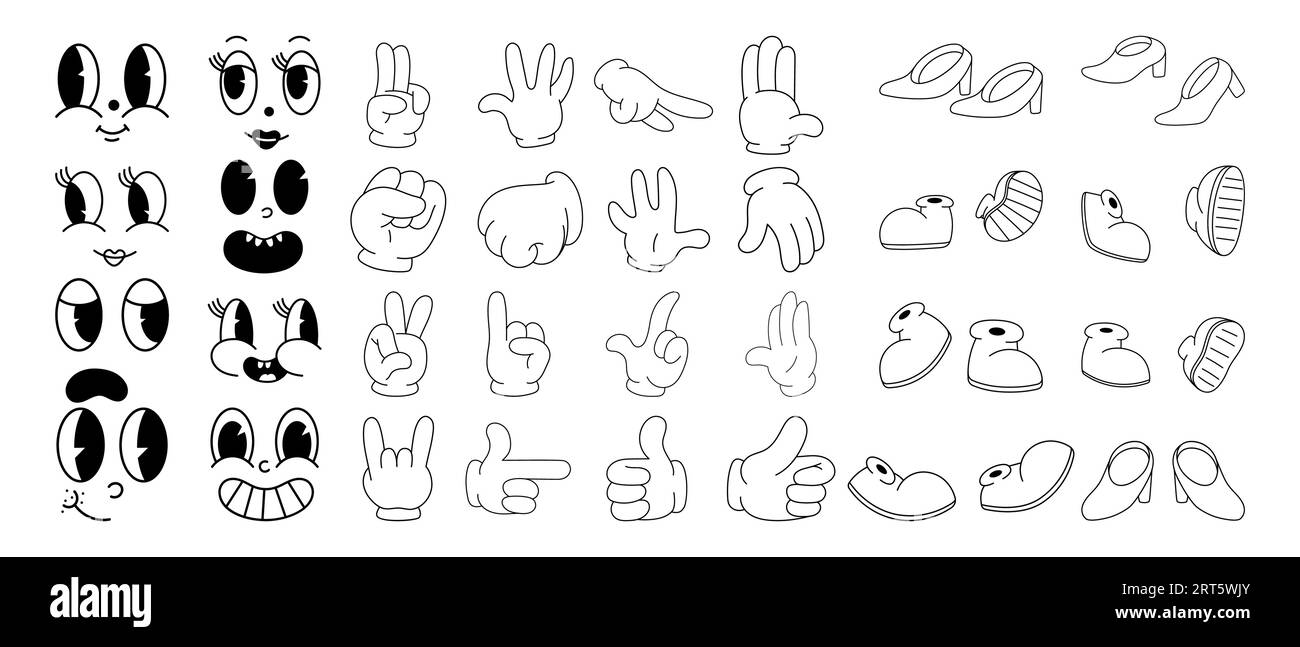 Set of groovy comic faces, feet and hands in trendy retro 70s cartoon ...