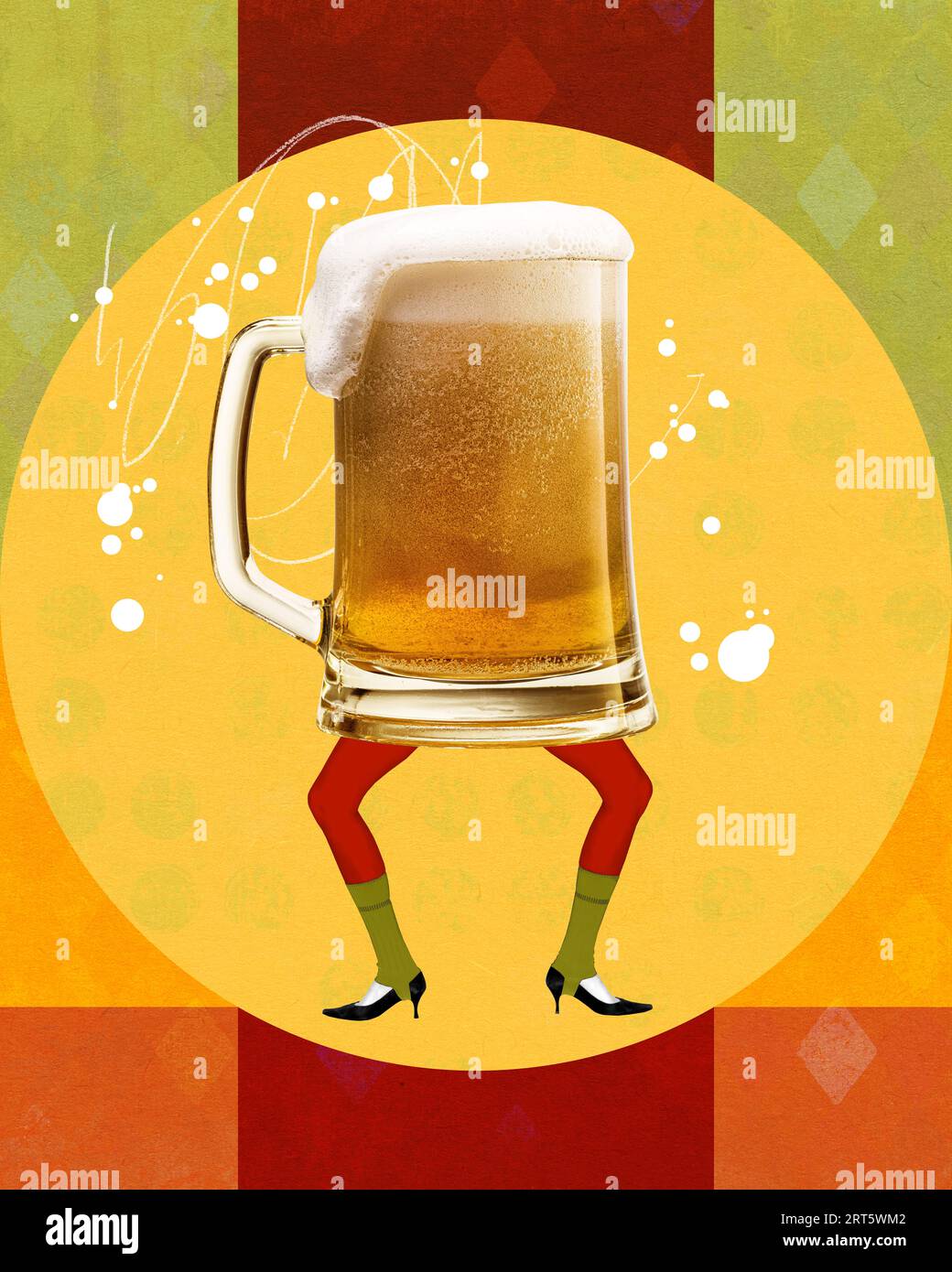 Legs with mug of foamy lager beer over colorful background. Dance and ...