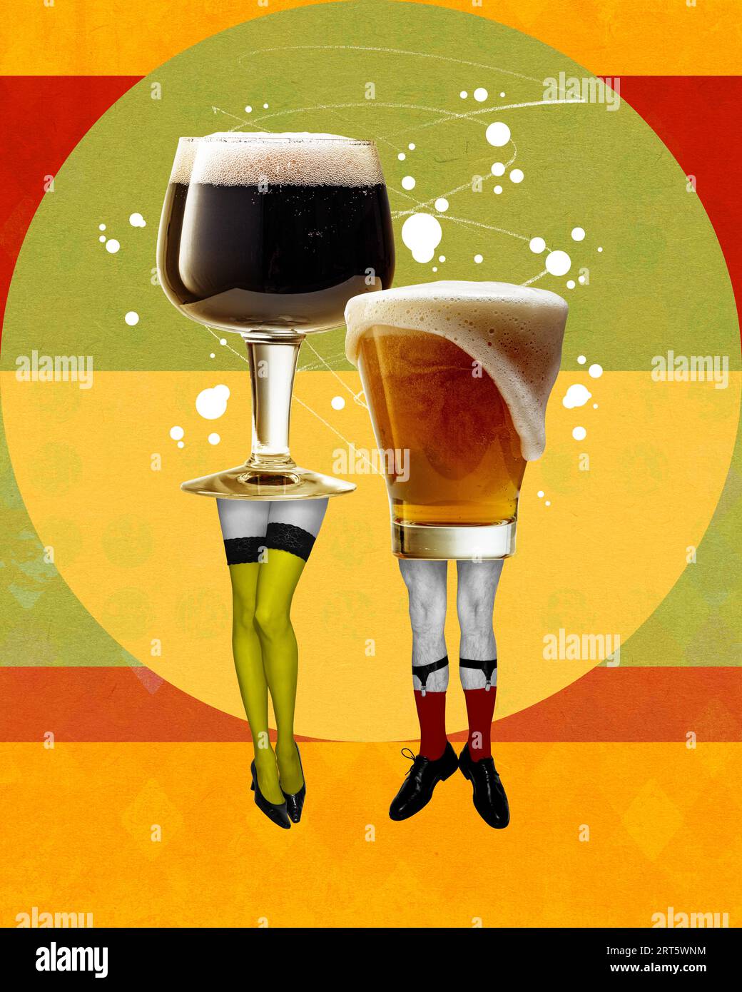 Male and female legs with glasses of foamy beer over colorful ...