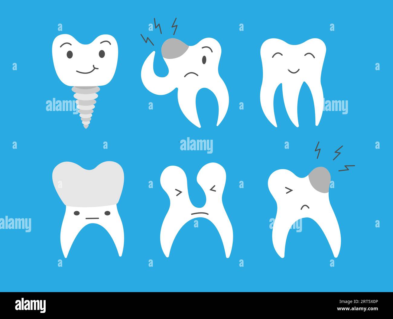 Cute flat teeth characters set with caries, implant, tooth crown ...