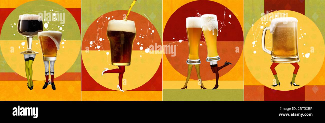 Human legs with glasses of delicious lager foamy beer on colorful ...