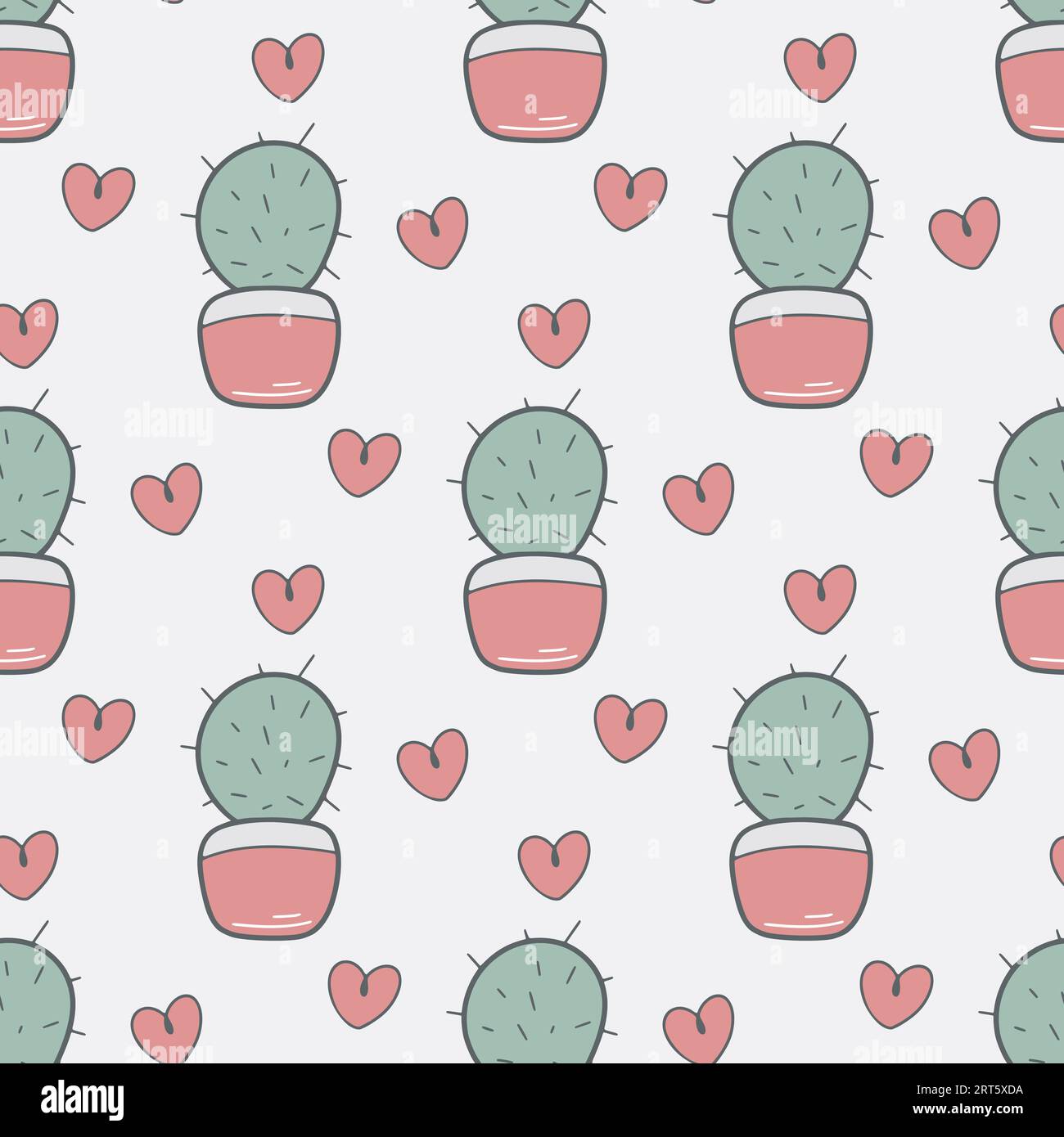 Hand drawn cactus and heart seamless pattern. Cute background with cacti doodle sketch style ...