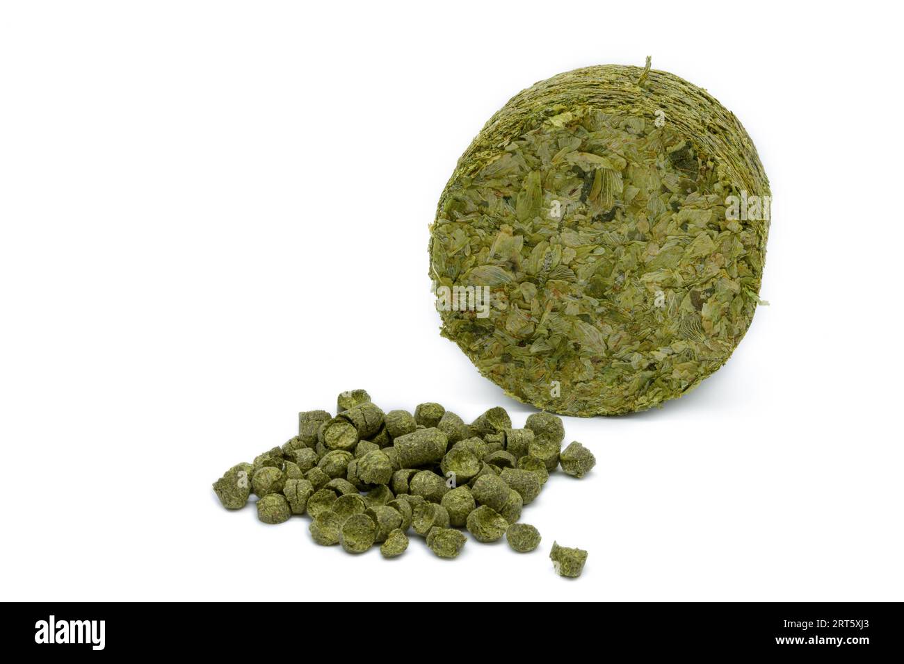 Pile of Czech hop pellets and hop puck on white background - Czech ...