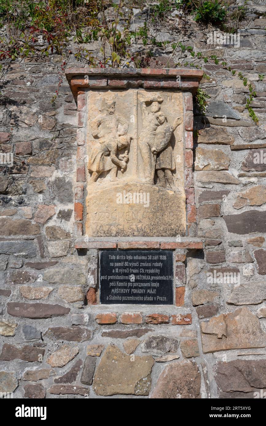 Memorial plaque and relief at castle Veveří, Czechia, commemorating the ...
