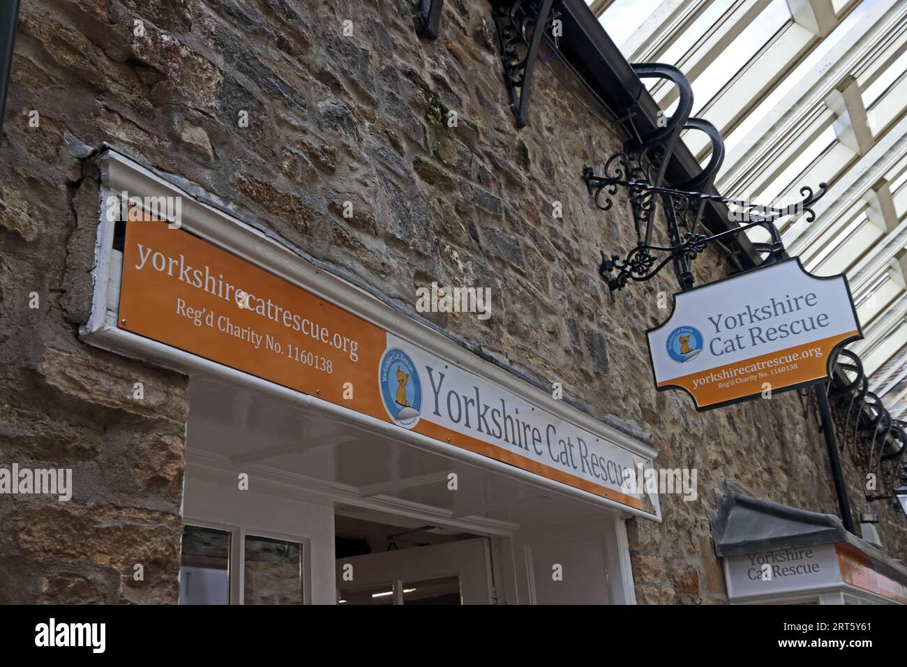 Signs over shop of Yorkshire Cat Rescue charity, Skipton Stock Photo ...