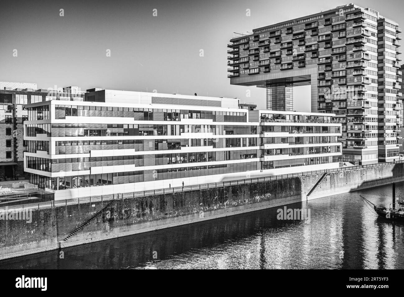 Black and white photo of the crane House at the Rhein in Cologne ...