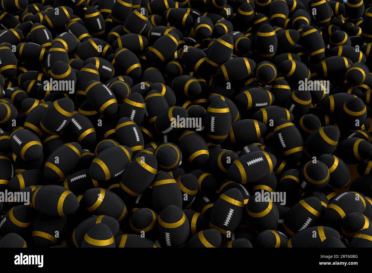 Many of flying black american football ball falling on white background ...