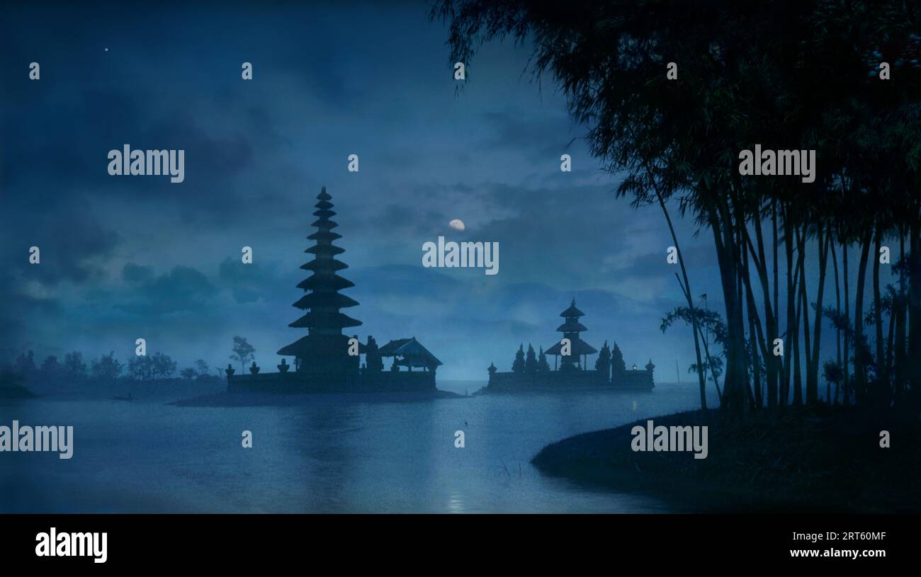 Moon over Ulu Danu temple in Lake Bratan, Bedugul, Bali, Indonesia ...