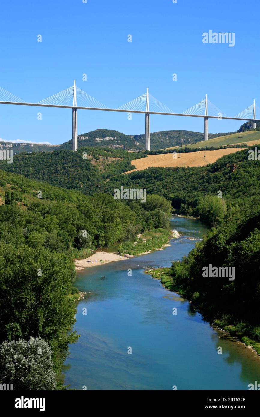 The viaduct of Millau and the Tarn river. Occitanie, France Stock Photo ...