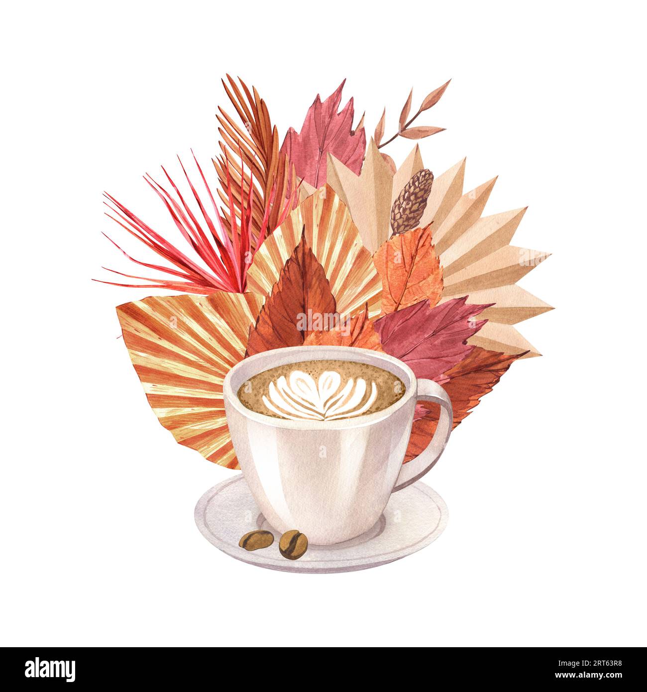 Watercolor coffee cup with autumn florals boho leaves and twigs. Hand ...