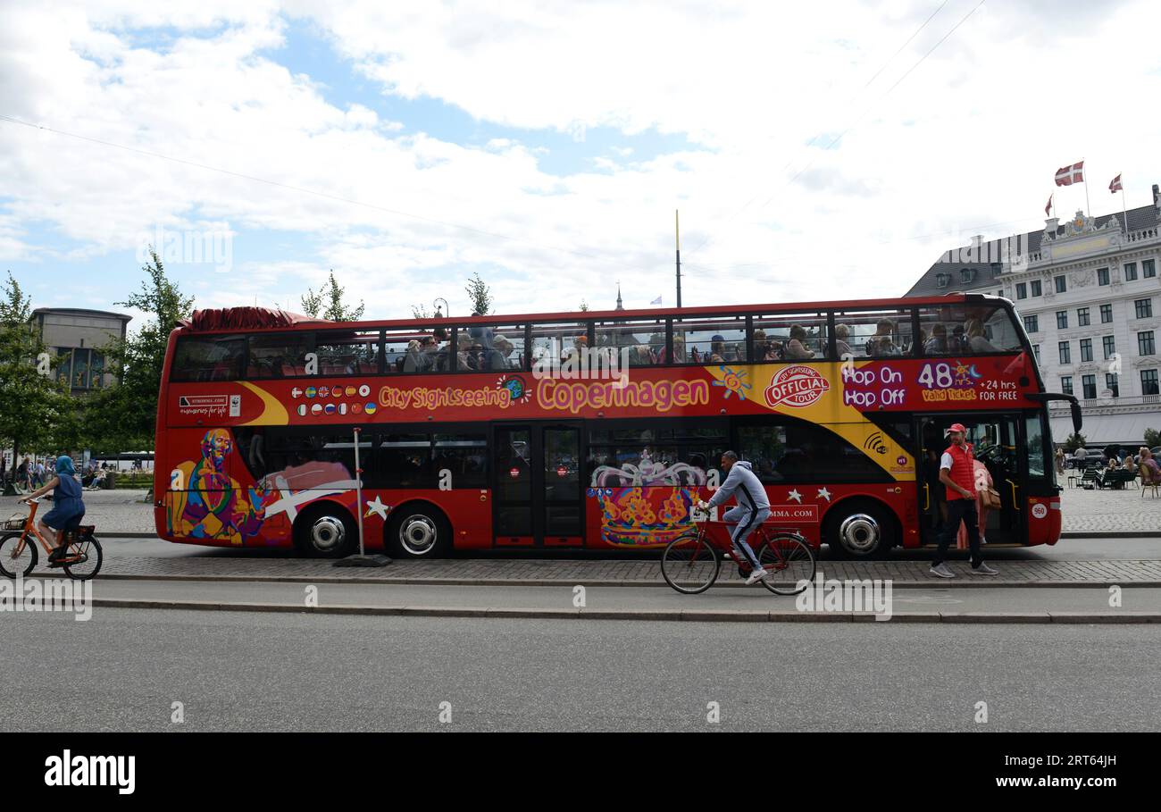 A Hop On Hop Off tourist bus in central Copenhagen, Denmark Stock Photo ...