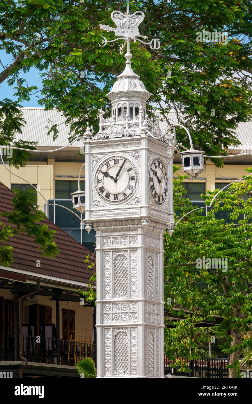 Close up of the Victoria clock tower in Mahé, Seychelles Stock Photo ...