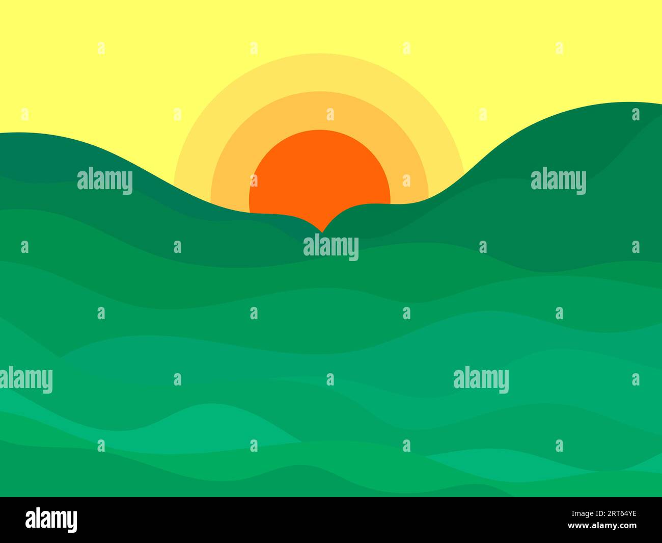 Wavy landscape with green hills and the sun on the horizon. Dawn with ...