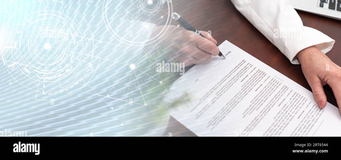 Hand of businesswoman signing a contract (lorem ipsum text used ...