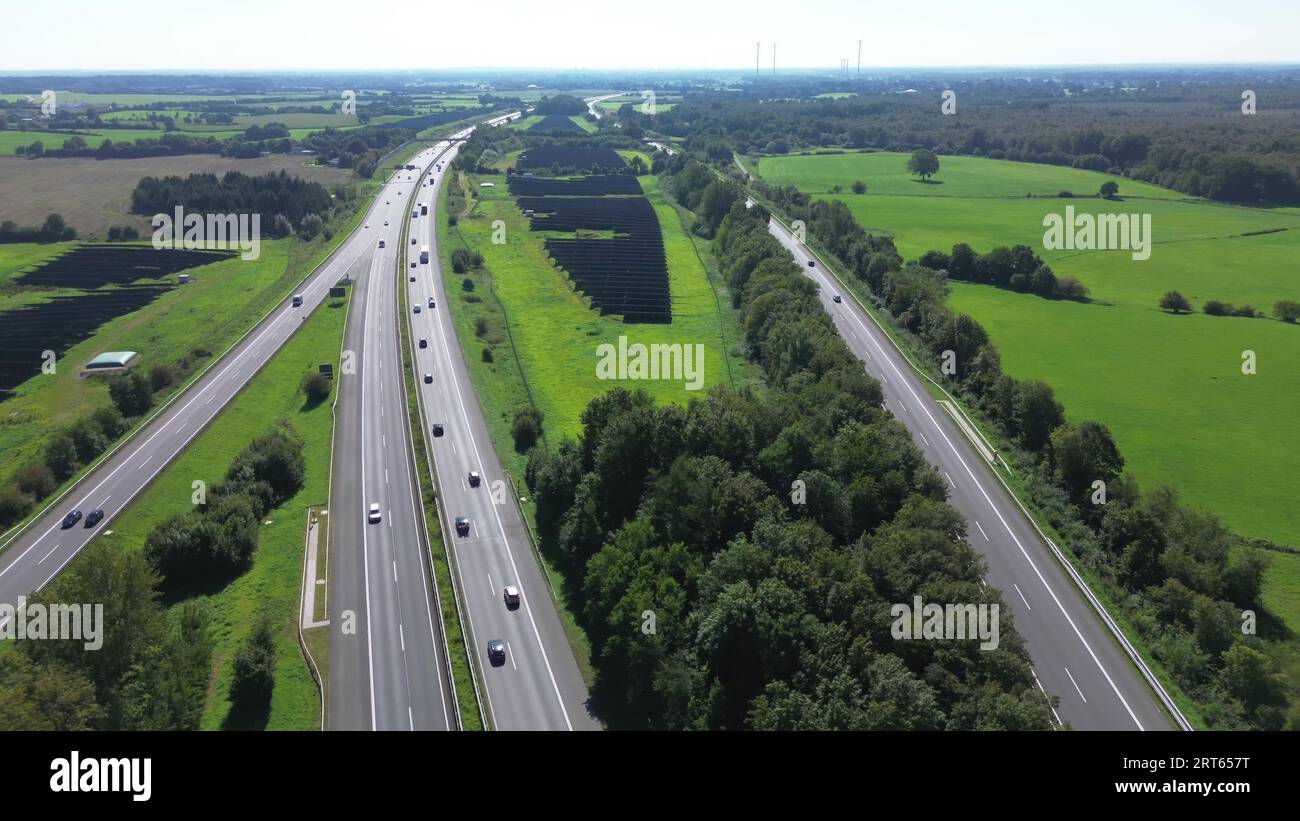 Aerial View On The A7 Motorway In Northern Germany Between Fields And ...