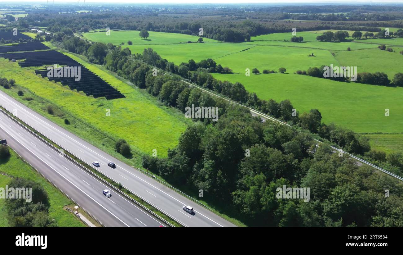 Aerial View On The A7 Motorway In Northern Germany Between Fields And ...