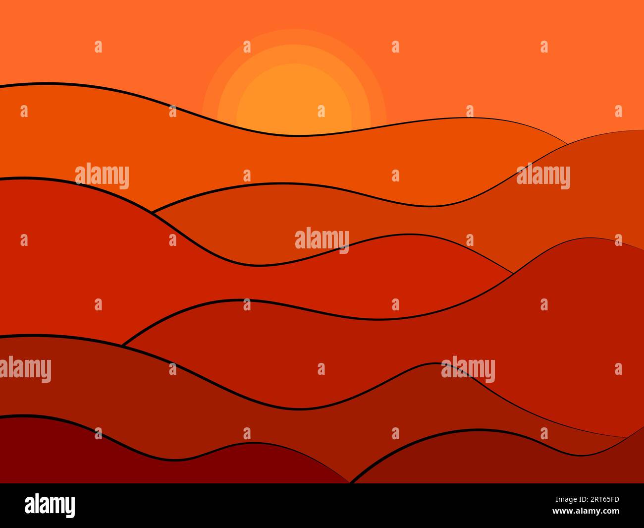 Wavy landscape at sunset in a minimalist style. Desert landscape with ...