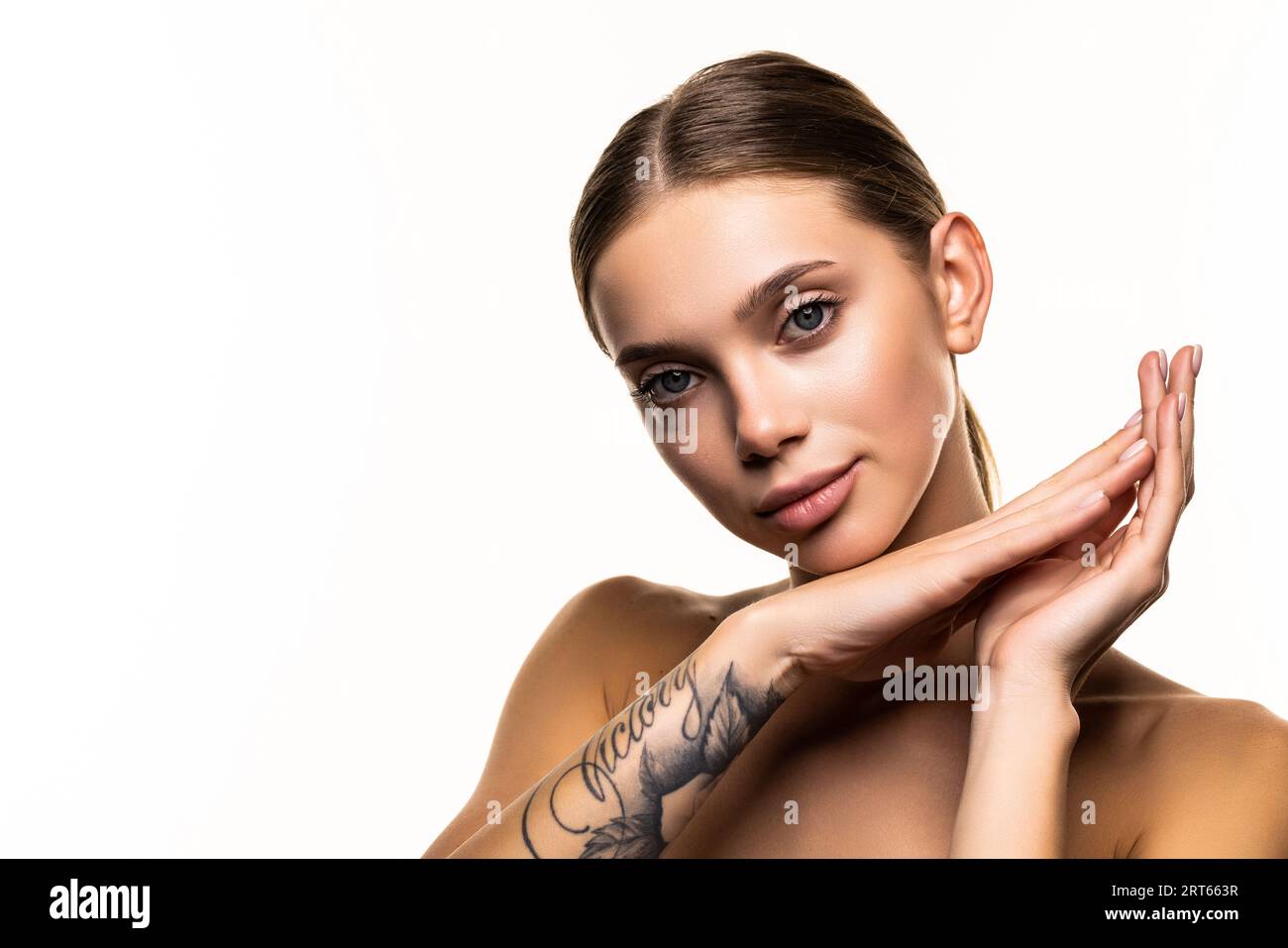 Young Woman Face Portrait. Beauty Model touching Cheekbones. Women ...