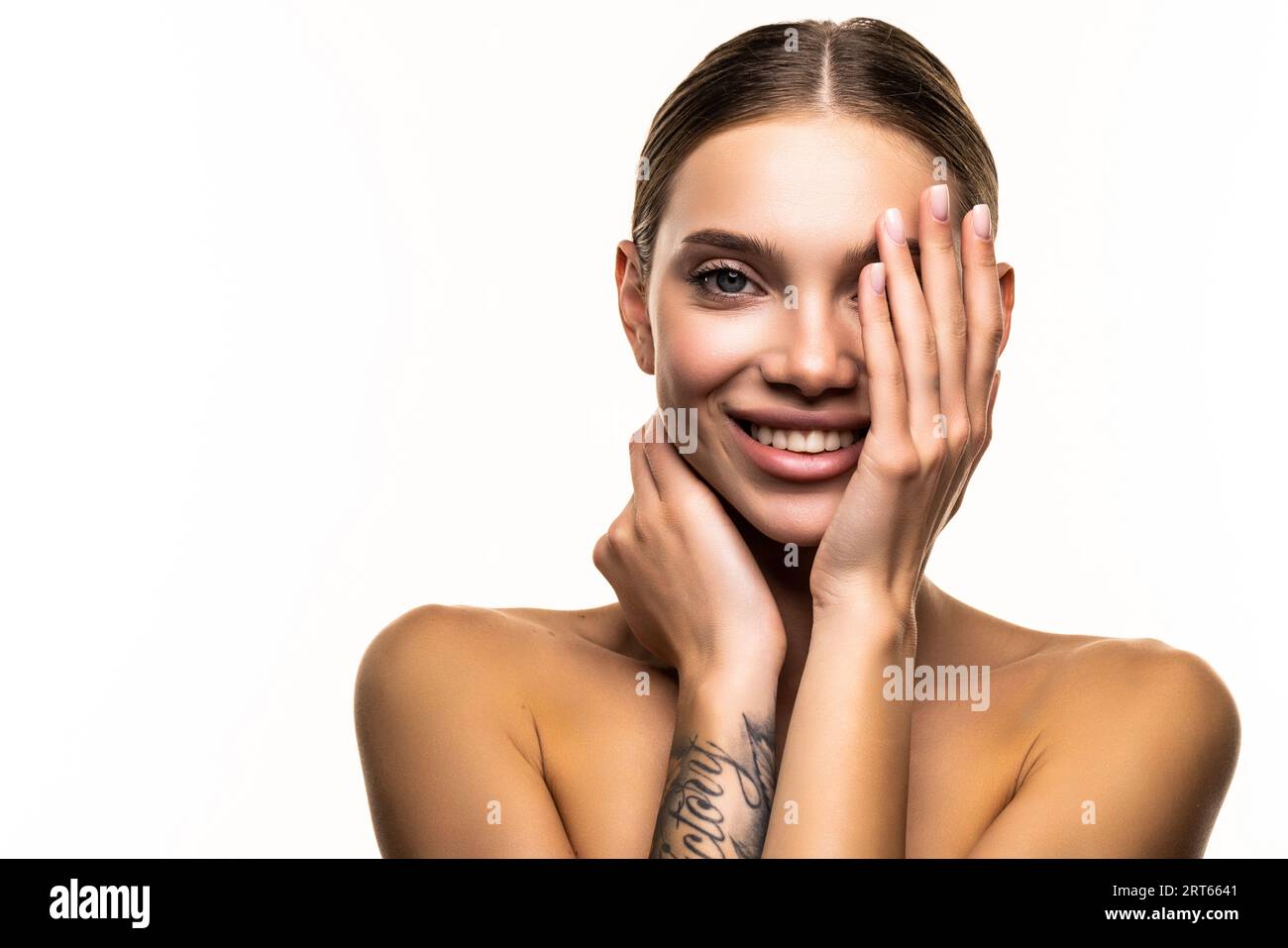 Young Woman Face Portrait. Beauty Model touching Cheekbones. Women ...