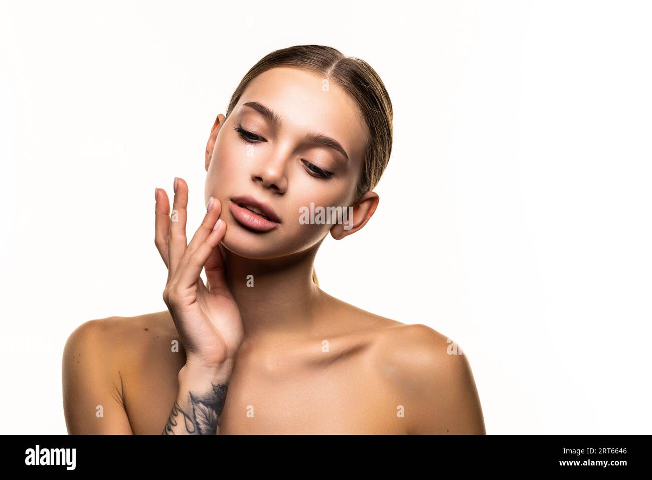 Young Woman Face Portrait. Beauty Model touching Cheekbones. Women ...