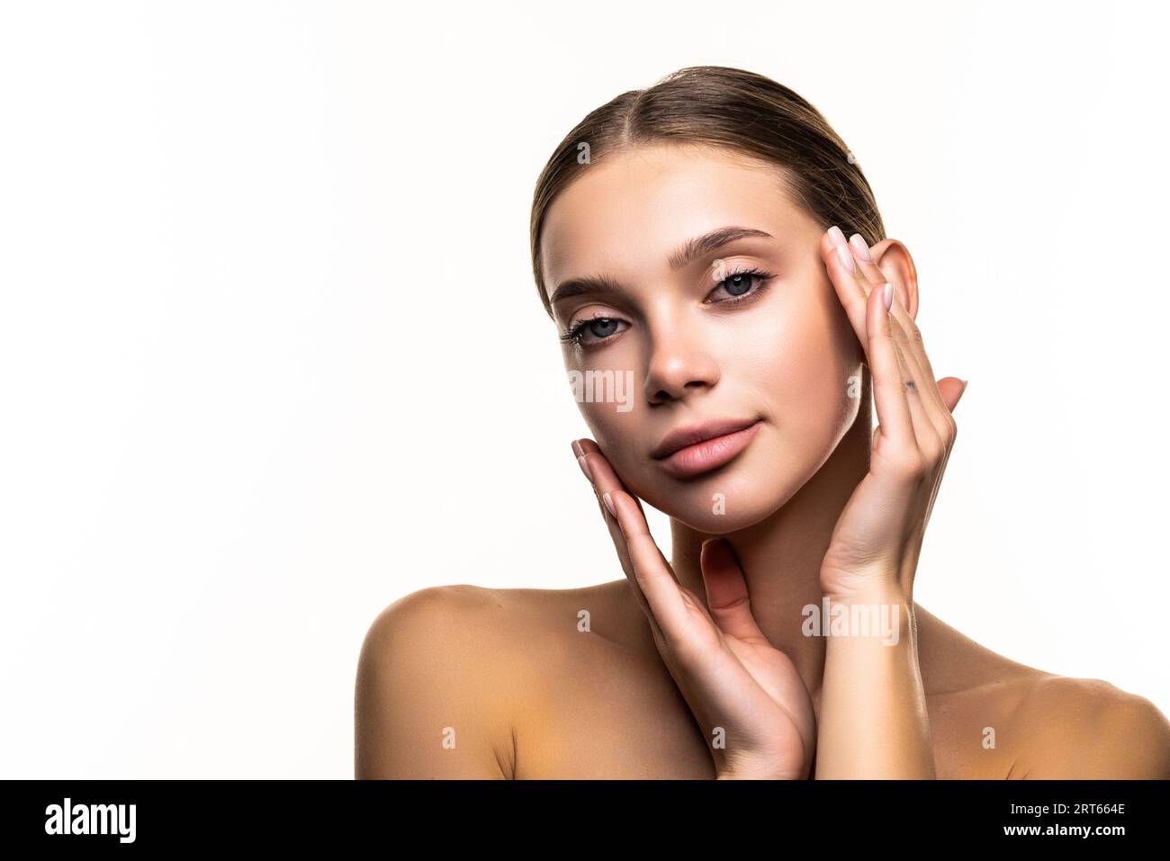 Portrait of young beautiful woman with perfect smooth skin isolated ...