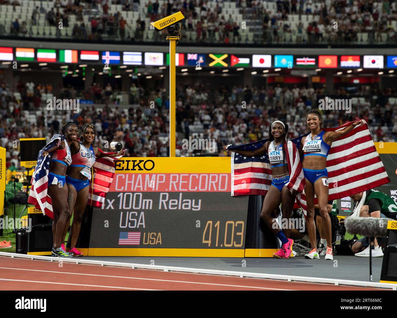 Gabrielle Thomas, Tamari Davis, Twanisha Terry and Sha'Carri Richardson of team USA set a new ...