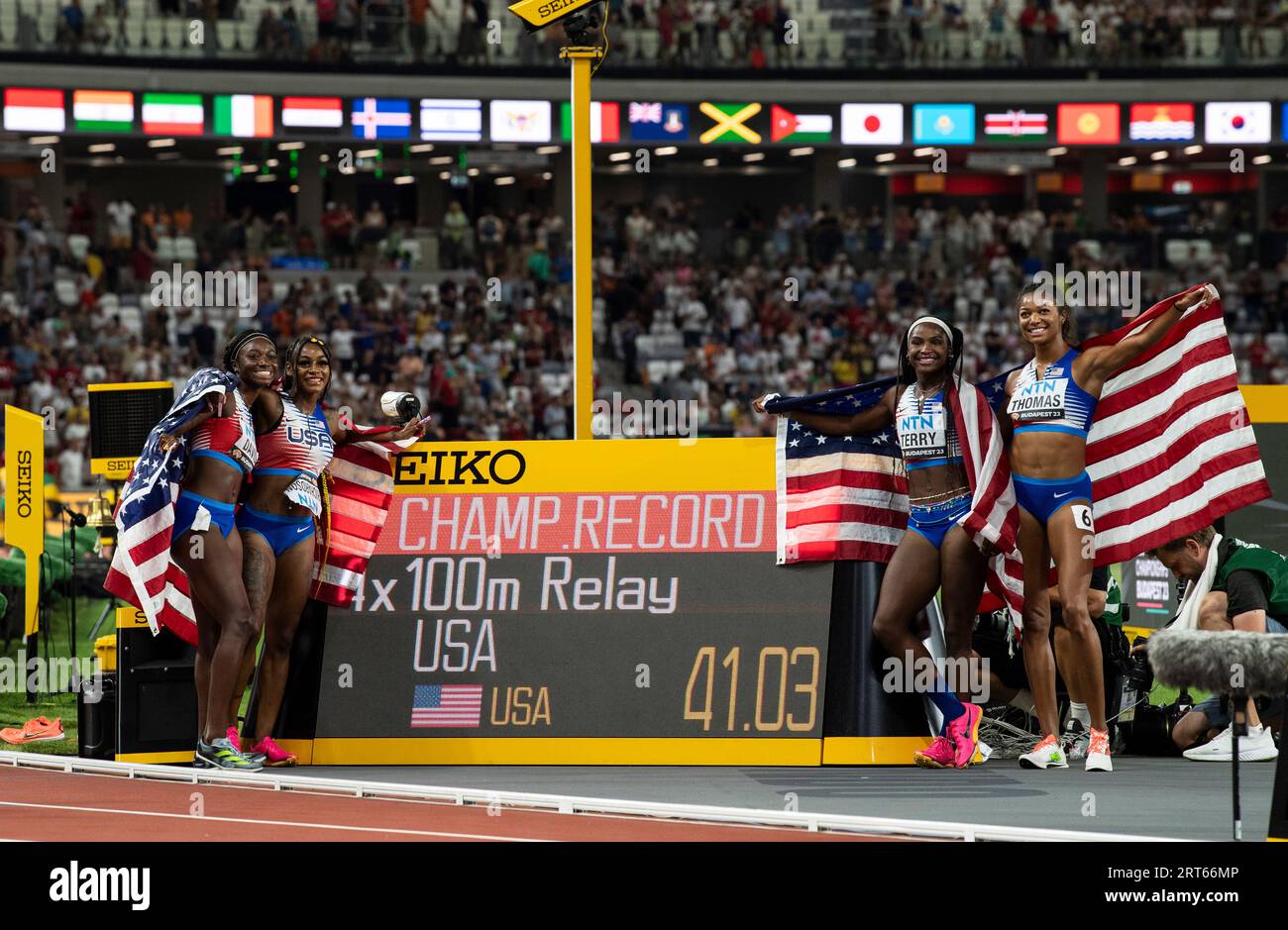 Gabrielle Thomas, Tamari Davis, Twanisha Terry and Sha'Carri Richardson of team USA set a new ...