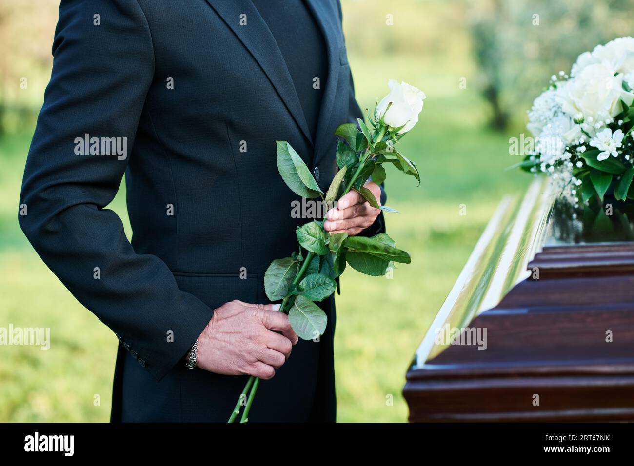 Cropped shot of mature widower in black suit holding fresh white roses ...