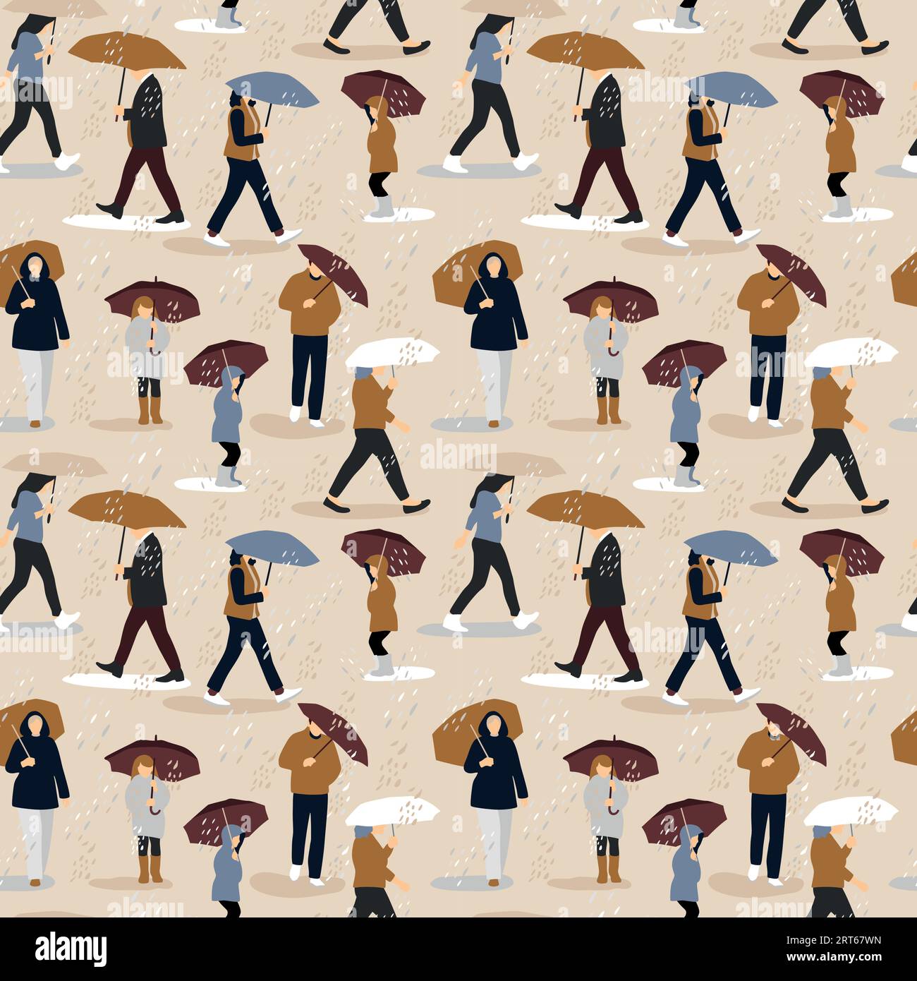 Vector illustration of people in the rain. Autumn mood. Trendy retro ...
