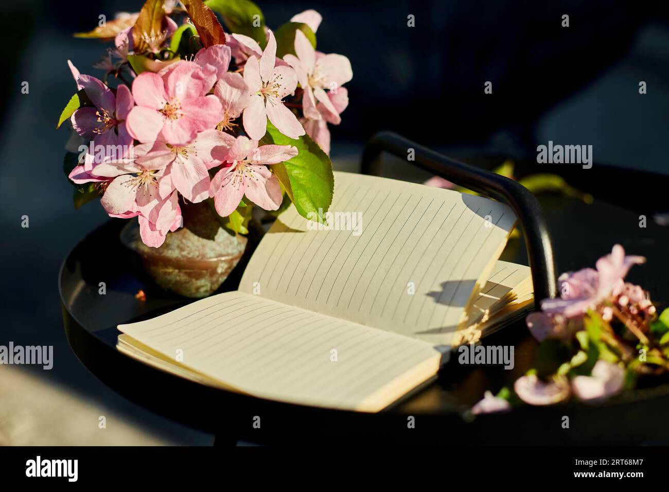 Open notebook and flowers and on the small black table on terrace at ...