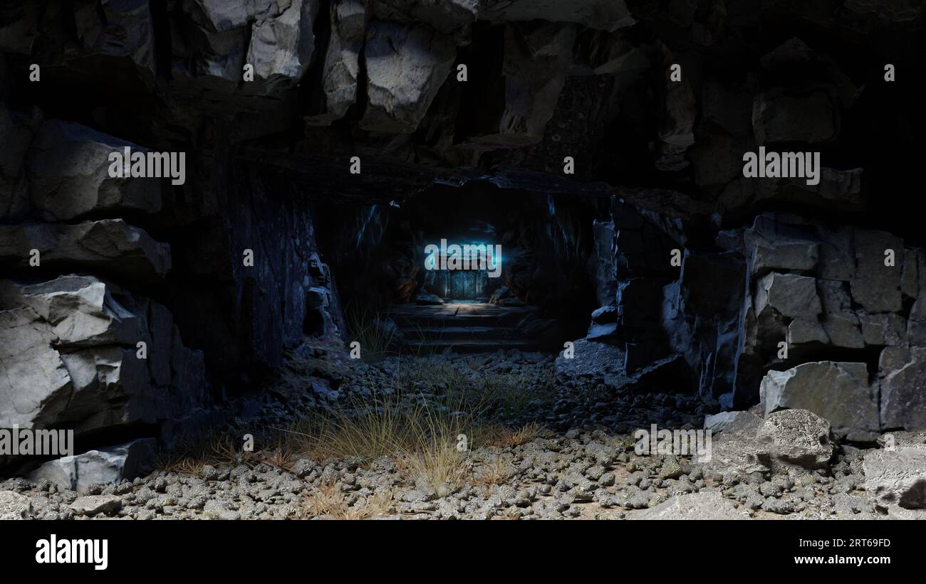 Tunnel in a mountain cave leading to a glowing portal gate. An ...