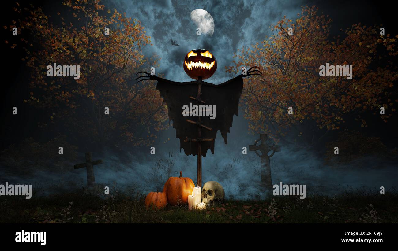 Halloween scarecrow with pumpkin head and glowing eyes in the cemetery ...