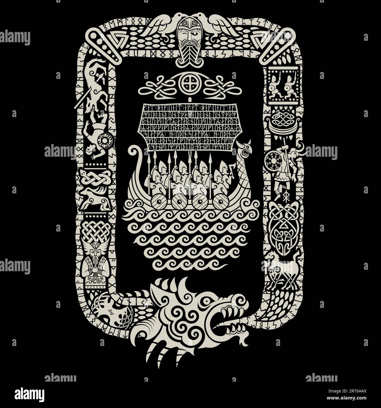 Vintage style design. Viking ship Drakkar with warriors, World Serpent ...