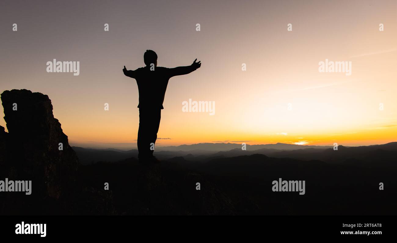 Human hands open palm up worship, Praying hands, Copy space of man rise ...