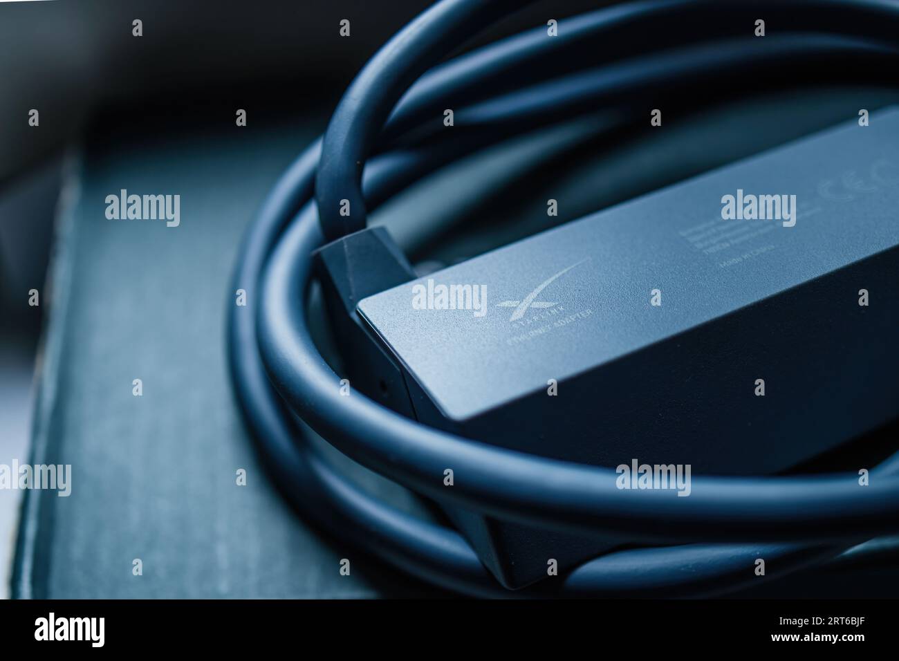 Frankfurt, Germany - 28 Jul 2023: SpaceX logotype on the new Ethernet ...