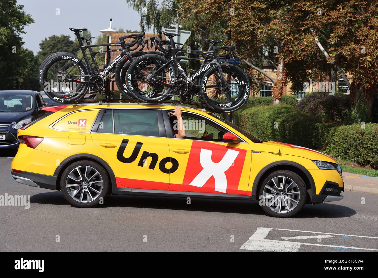 UNO-X Cycling Team Car during Tour of Britain 2023 Stage Six Southend ...