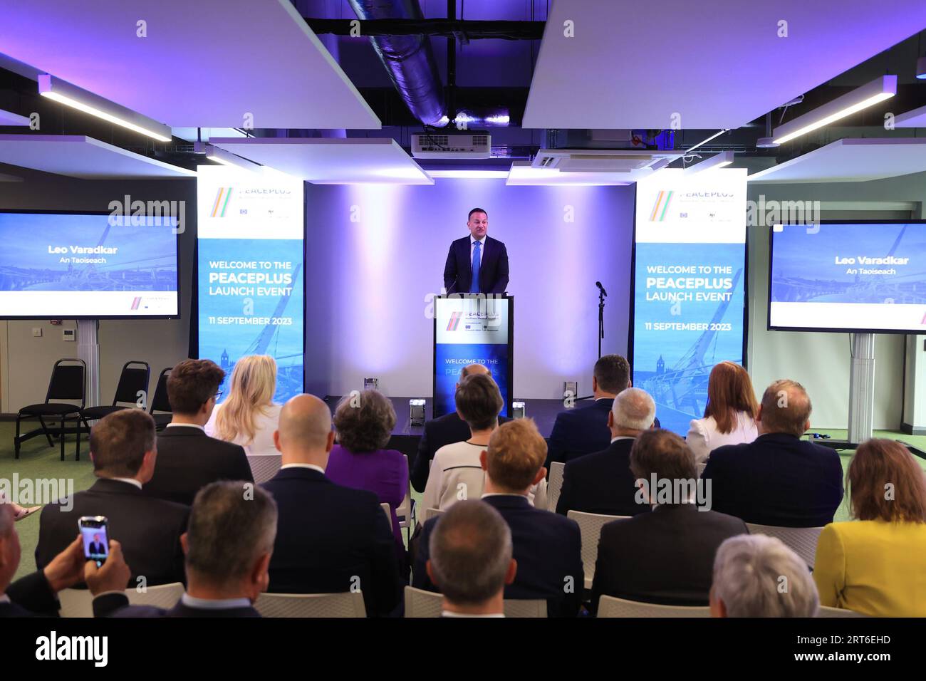 Irish premier Leo Varadkar, speaks at the New Forge complex in Belfast ...