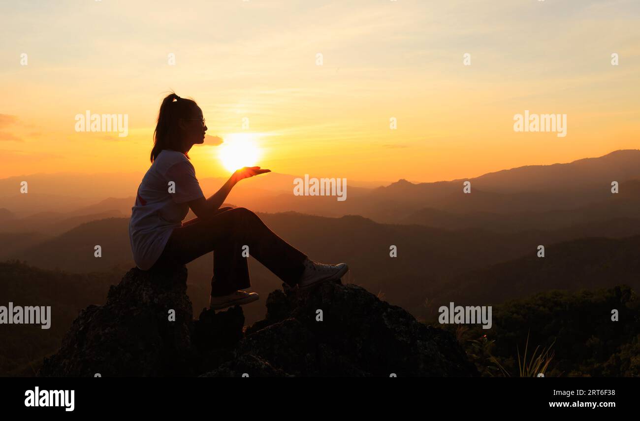 Beautiful Sunset Praying Religious Photo Stock Girl Closed Her Eyes,
