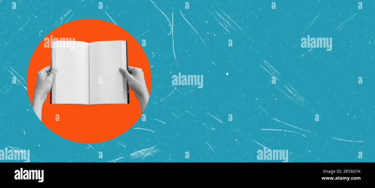 Art Collage: Hand with a Book on a Blue Background Inside an Orange ...