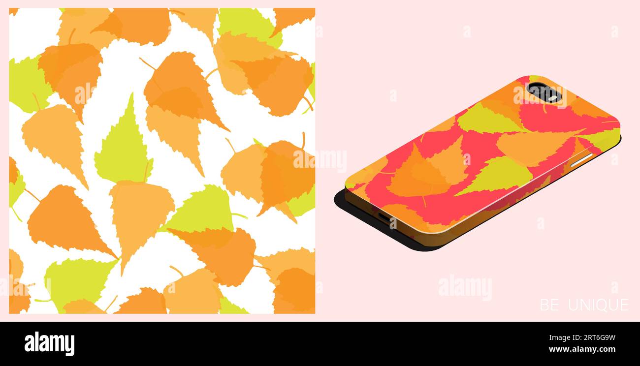Modern smartphone in unique case decorated birch leaves silhouettes ...