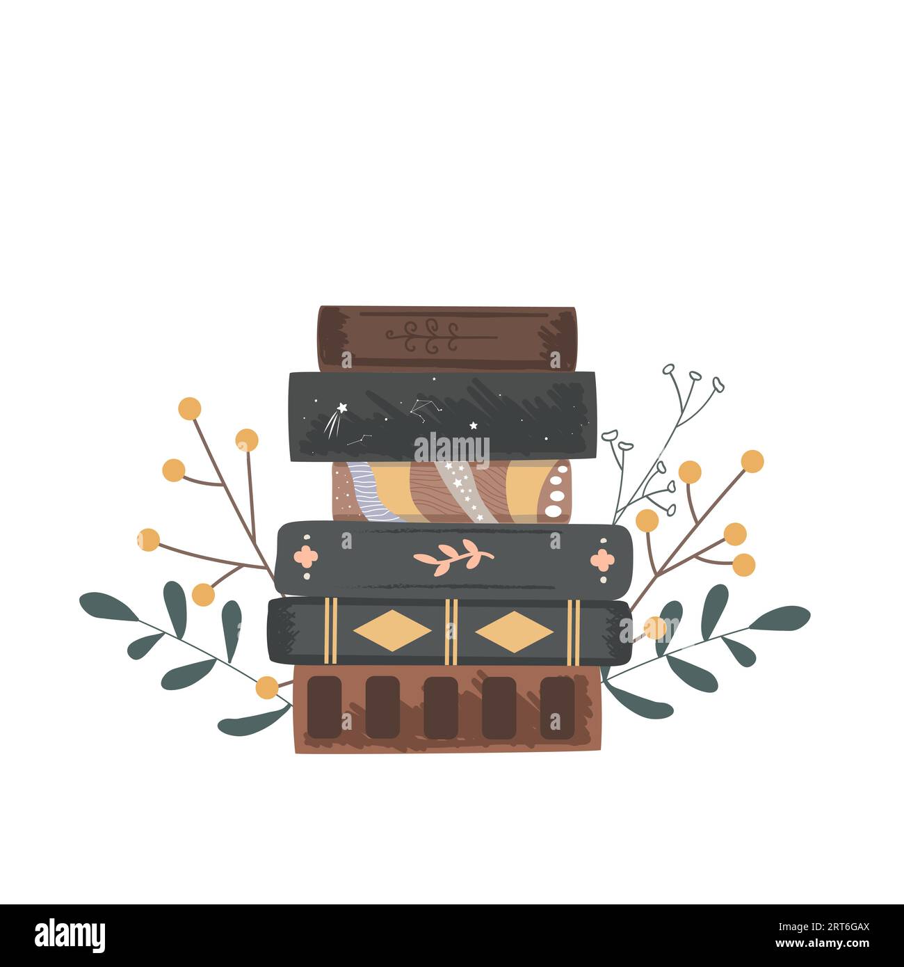 Vintage composition with books pile with meadow doodle flowers isolated ...