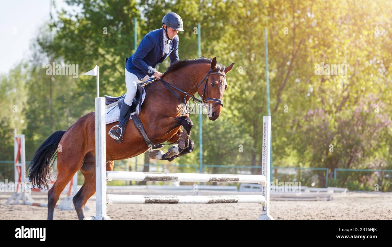 Young sportsman riding horse bounding over obstacle on showjumping ...