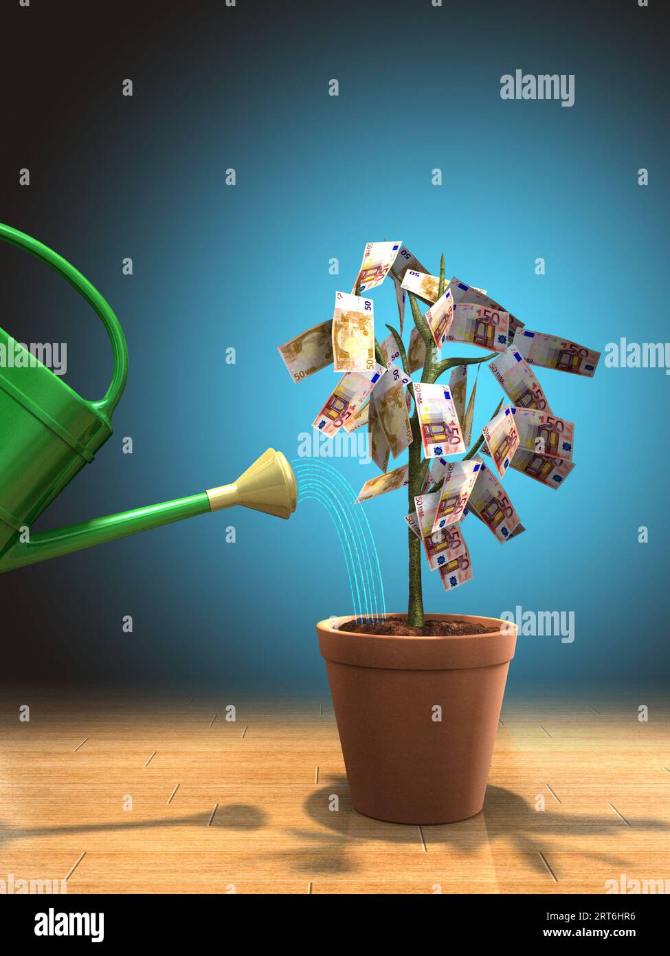 Watering a money plant in a pot. Digital illustration Stock Photo - Alamy
