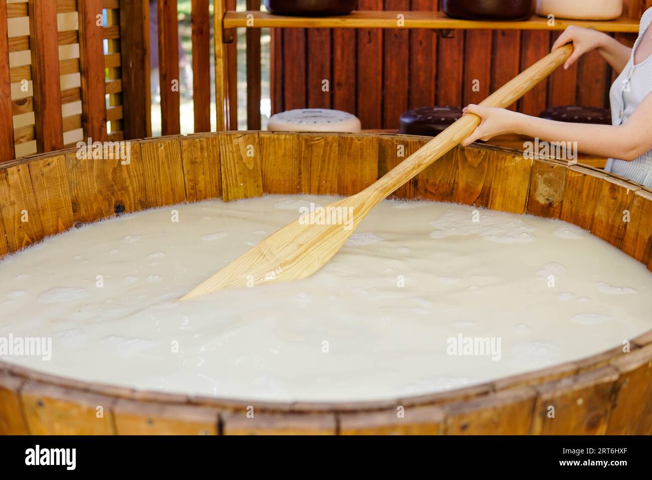 The homemade cheese maker produces handmade cheese. Process of cheese ...