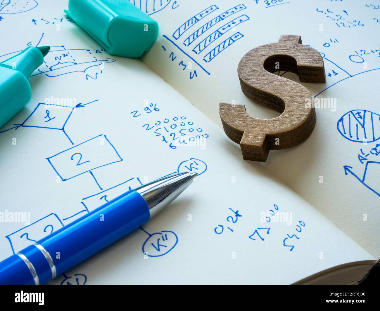 Business notes and charts in a notepad and dollar sign as a symbol of ...