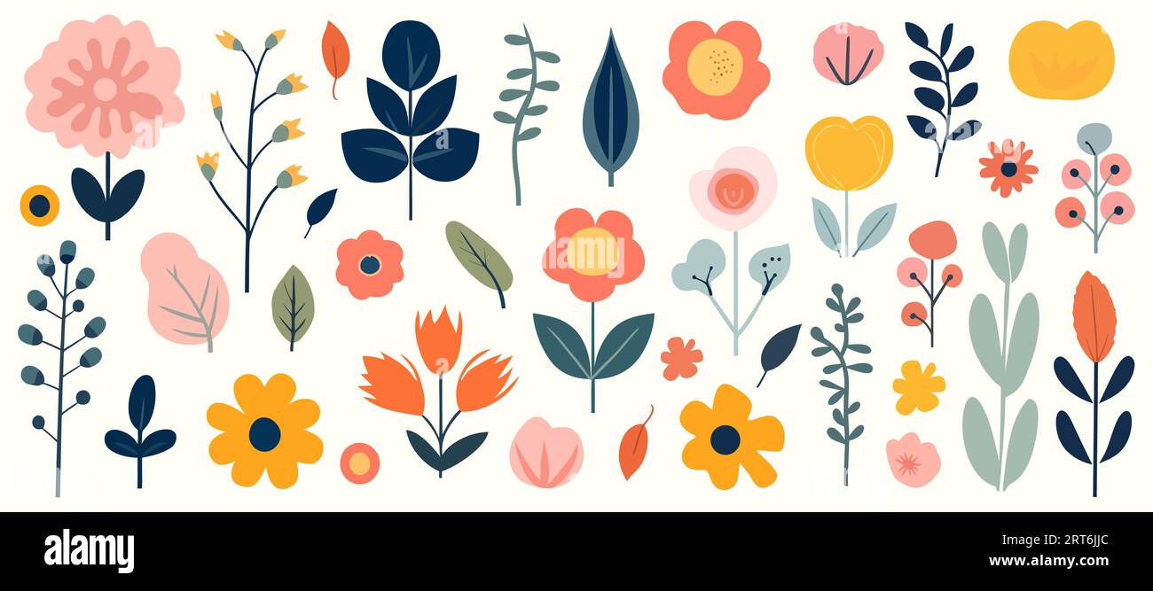 Abstract Hand drawn abstract wildflowers, set flowers and leaves, flat ...