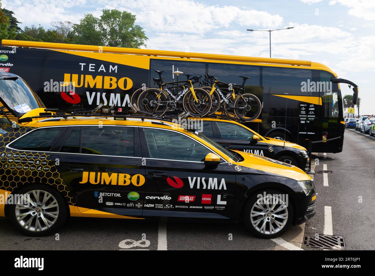 Team Jumbo Visma support vehicles at the Tour of Britain cycle race Stage 6 start in Southend on ...